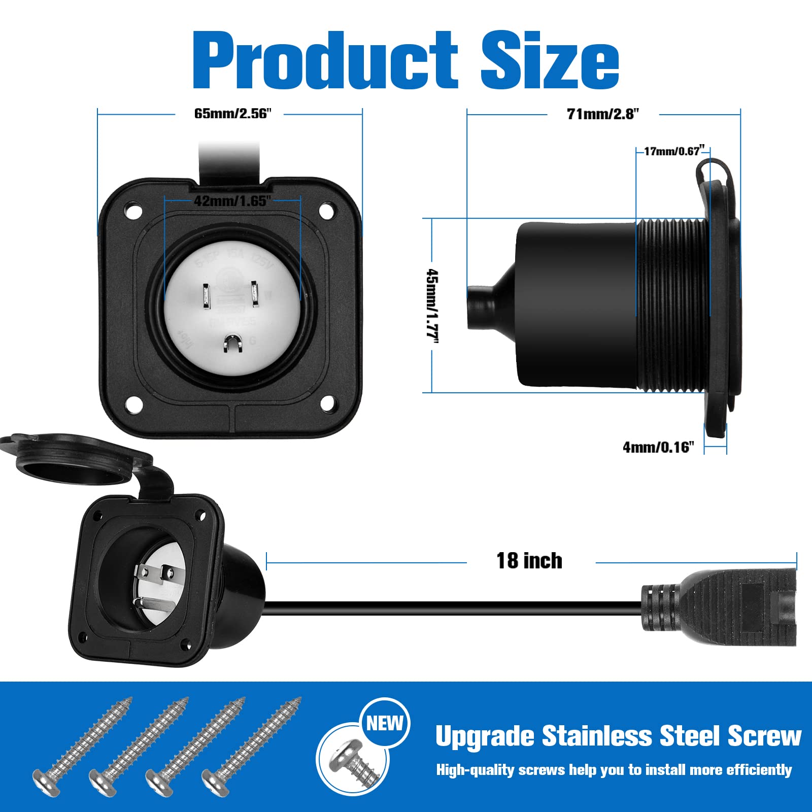 BEBOBLY 15 Amp AC Port Plug, 125V Power Inlet Socket with Waterproof Cover & Integrated 18" Extension Cord, 2 Pole 3-Wire NEMA 5-15 Flanged Generator Inlet Plug for RV Boat Electrical Connections