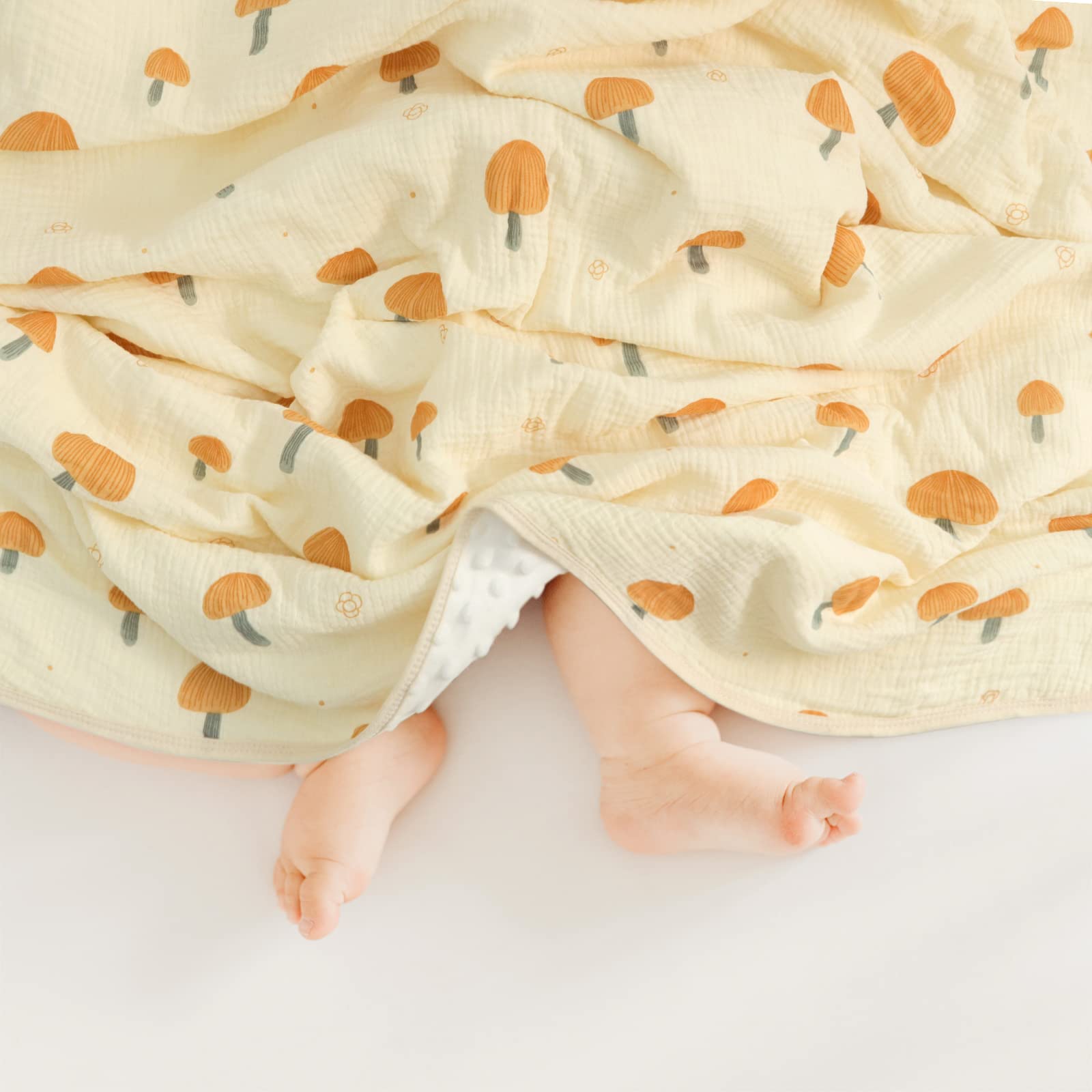 Baby Blanket for Unisex Boys Girls Toddler, Soft Minky with Double Layer Dotted Backing and Muslin Cotton Front, 39X43 in (Mushroom) Nursery Bed Throw Quilt