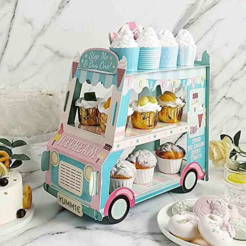 BalsaCircle 16-Inch Blue with Pink 3 Tier Cardboard Ice Cream Truck Cupcake Dessert Stand Wedding Party Events Decorations Supplies