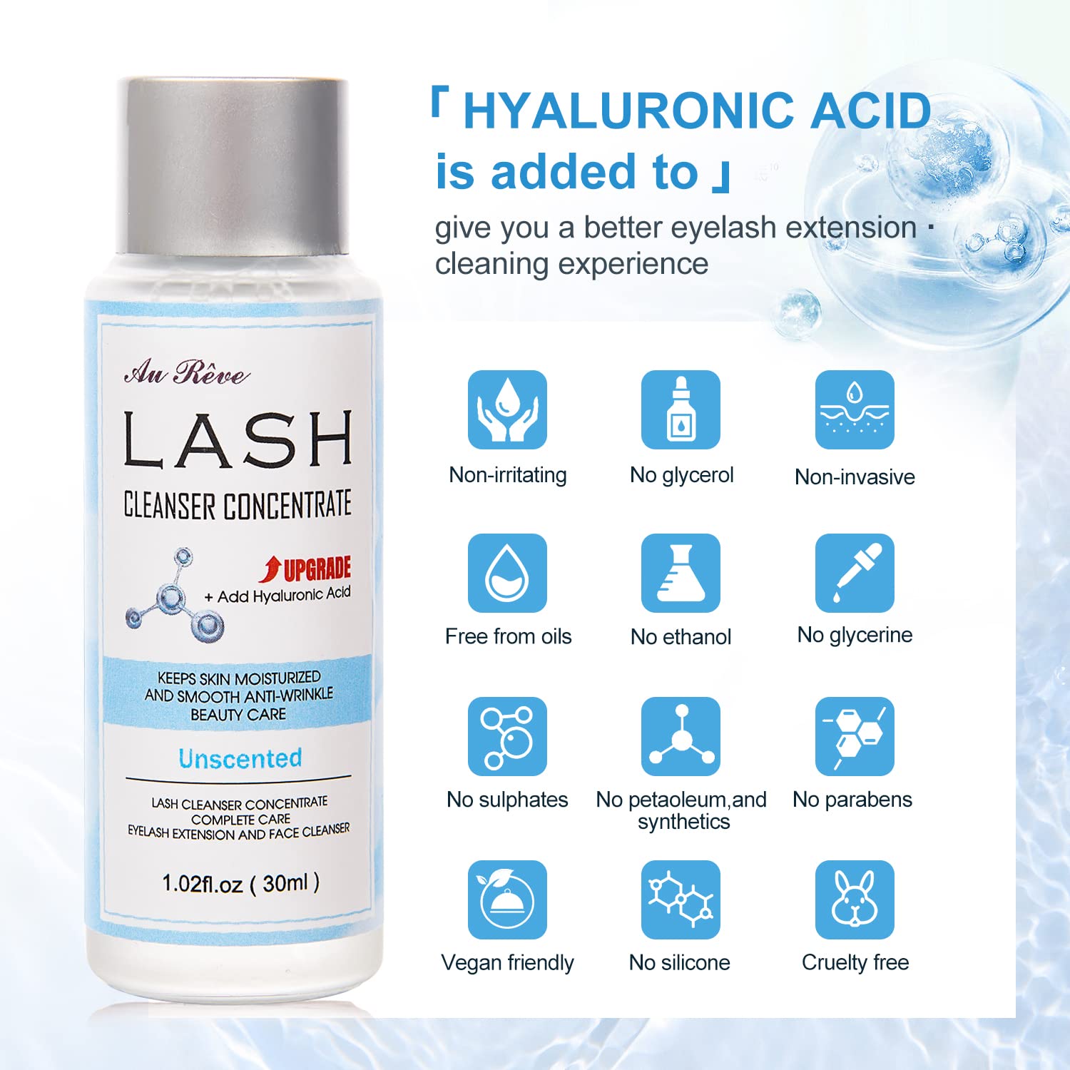 AuReve Lash Shampoo Concentrate 30ml Lash Cleanser Concentrate Add Hyaluronic Acid Oil-Free Lash Extension Shampoo Perfect for Salon,Unscented