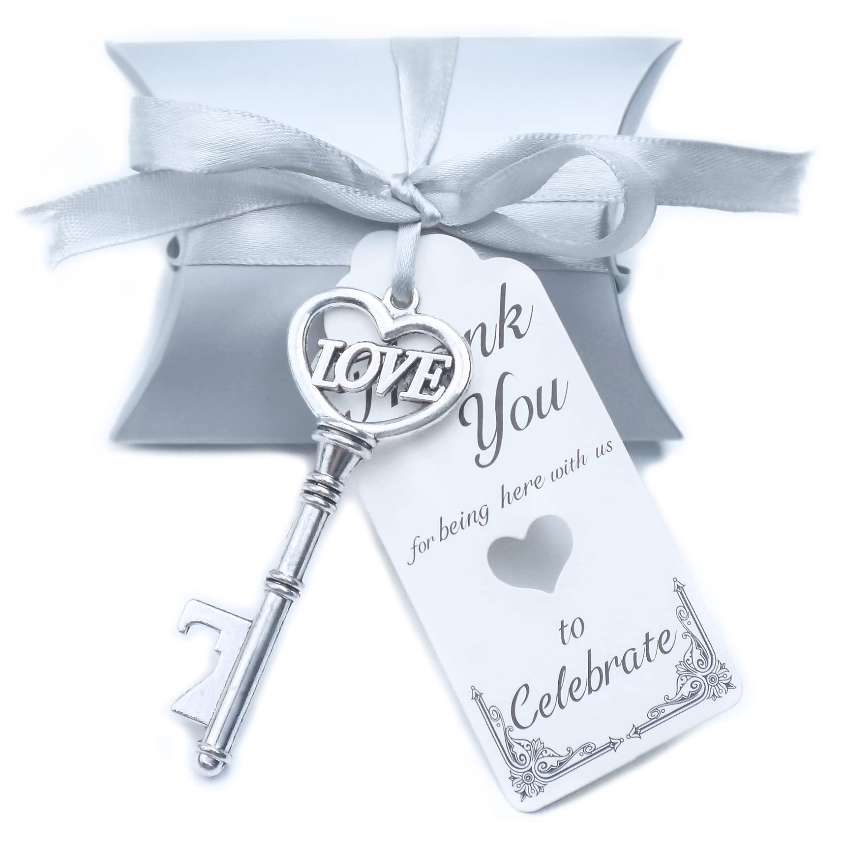 Aokbean 50pcs Skeleton LOVE Key Bottle Openers Pillow Candy Box Escort Thank You Tag Ribbon Wedding Favors Souvenir Gift for Guest Bulk (Antique Silver)