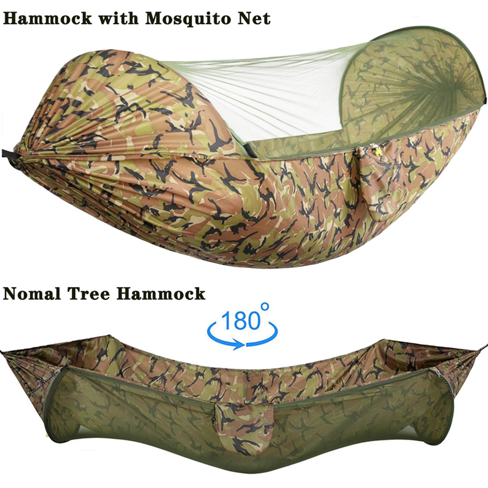 AMZQJD Camping Hammock with Automatic Pop-up Mosquito Net, Portable Single & Double Hammock with Tree Straps, Carabiners and Storage Bag for Outdoor, Travel, Hiking(Camouflage)
