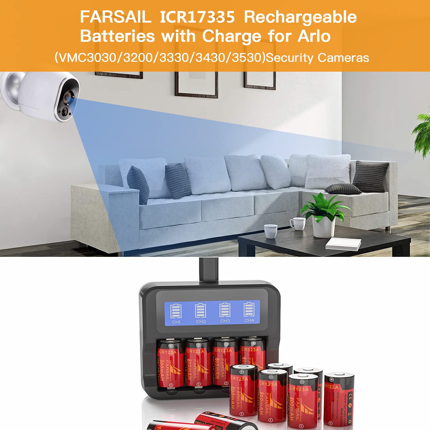 Arlo Rechargeable Batteries CR123A Charger, FARSAIL 8-Pack 800mAH 123A Rechargeable Batteries for Arlo VMS3130 VMC3030 VMK3200 VMS3330 3430 3530 Cameras, Alarm System, Flasglight