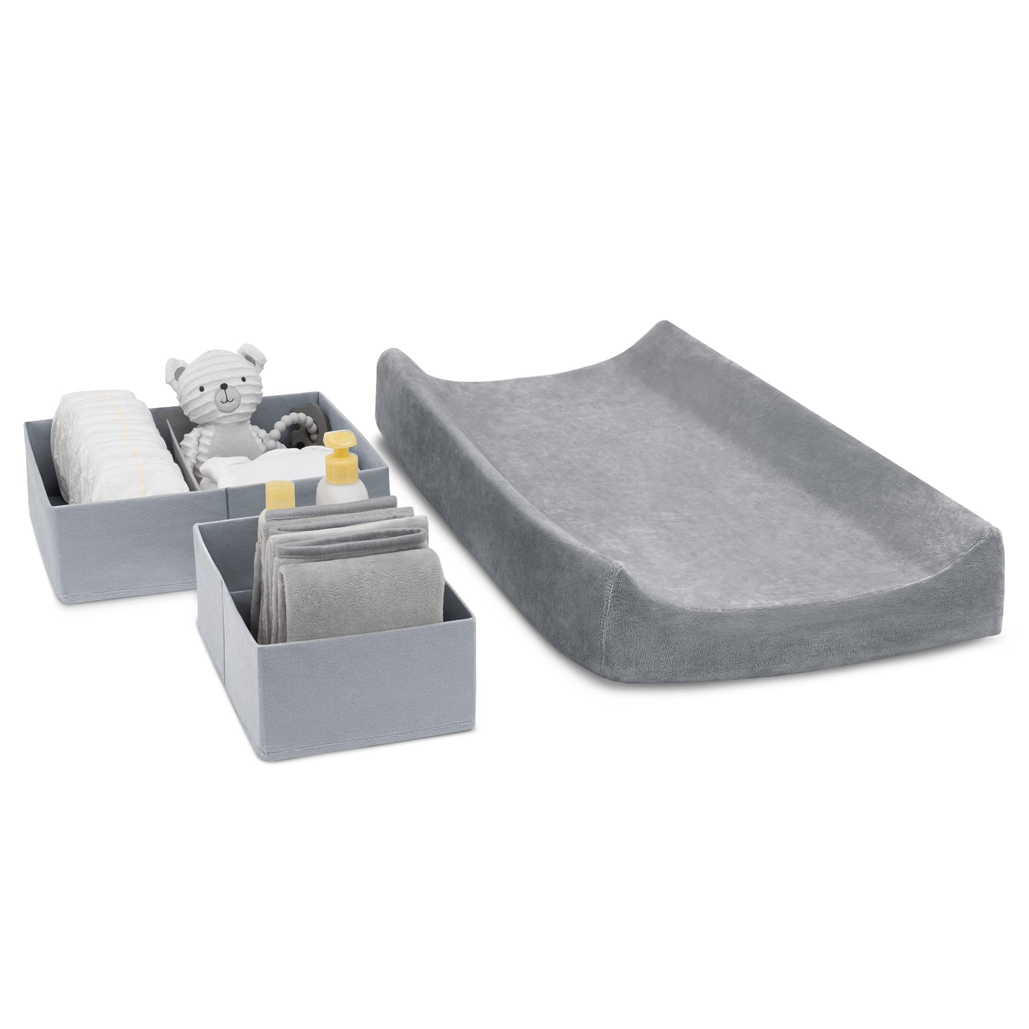Delta Children 7-Piece Essential Changing Table Set - Newborn Baby Gift Set for Boys and Girls – Set Includes Changing Pad, Plush Changing Pad Cover, 3 Changing Pad Liners and 2 Storage Bins, Grey
