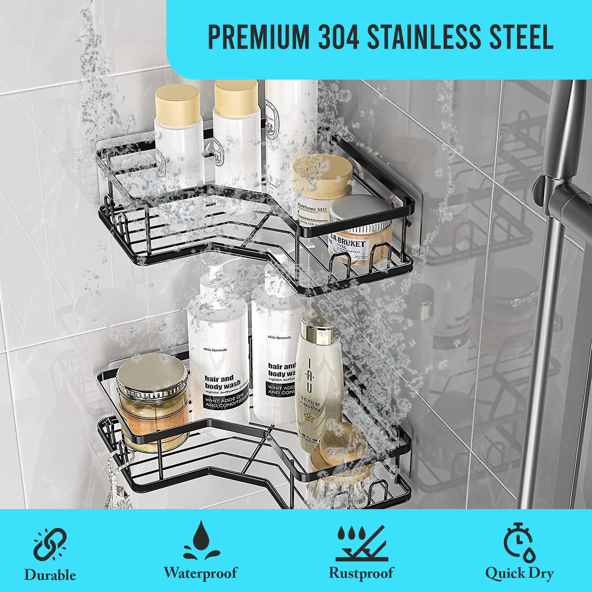 Modern Corner Caddy Stainless Steel Shelf for Shower, Adhesive Backing, π΅π¬ πegree Corner Shower Organizer Set with Soap Holder & Adjustable Hooks, Storage Shelves for Clutter-Free Washroom- Black