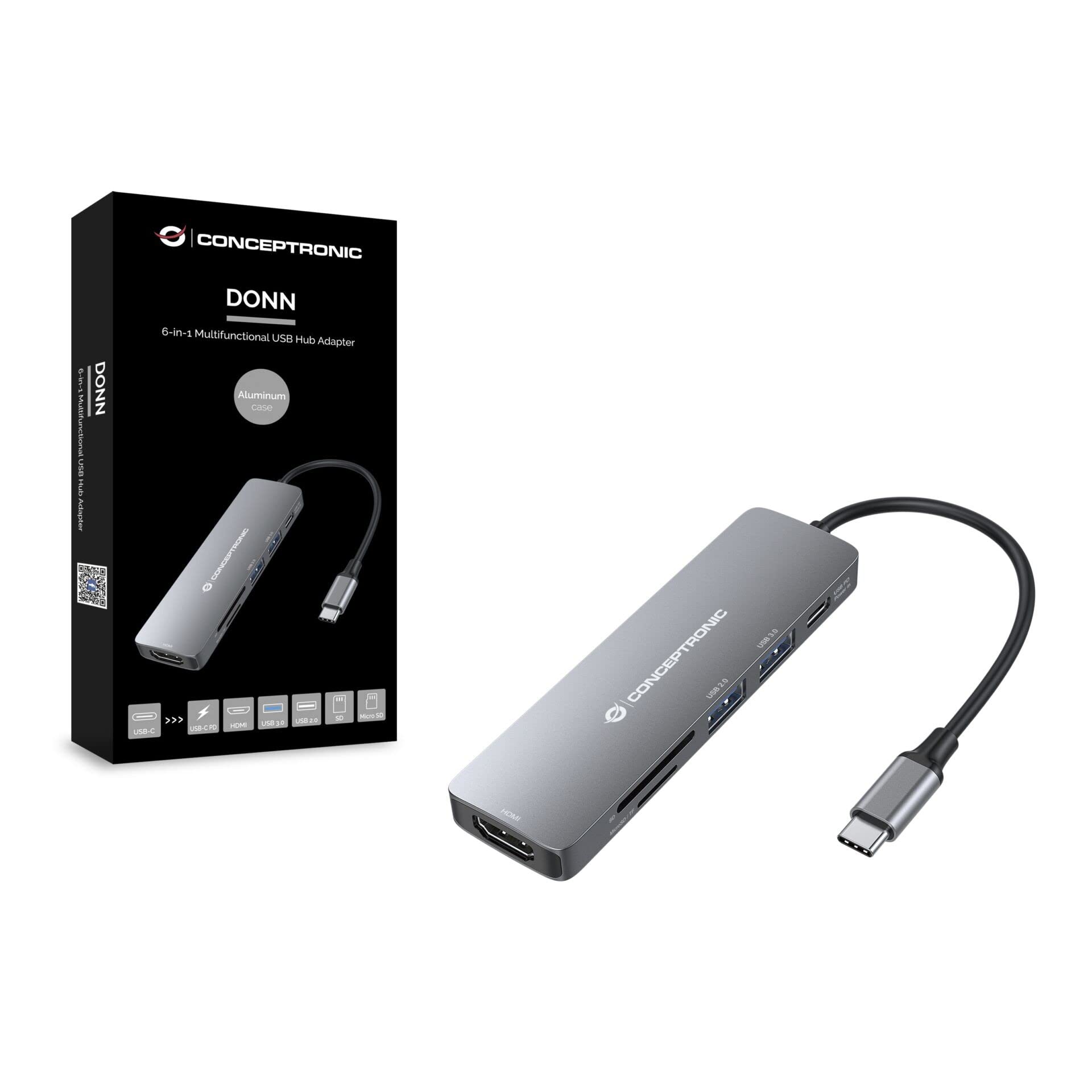 Conceptronic DONN11G Multi-Function 6-in-1 USB Adapter Hub USB-C to HDMI/USB-C PD/USB 3.0/USB 2.0/SD/TF Multiport Adapter