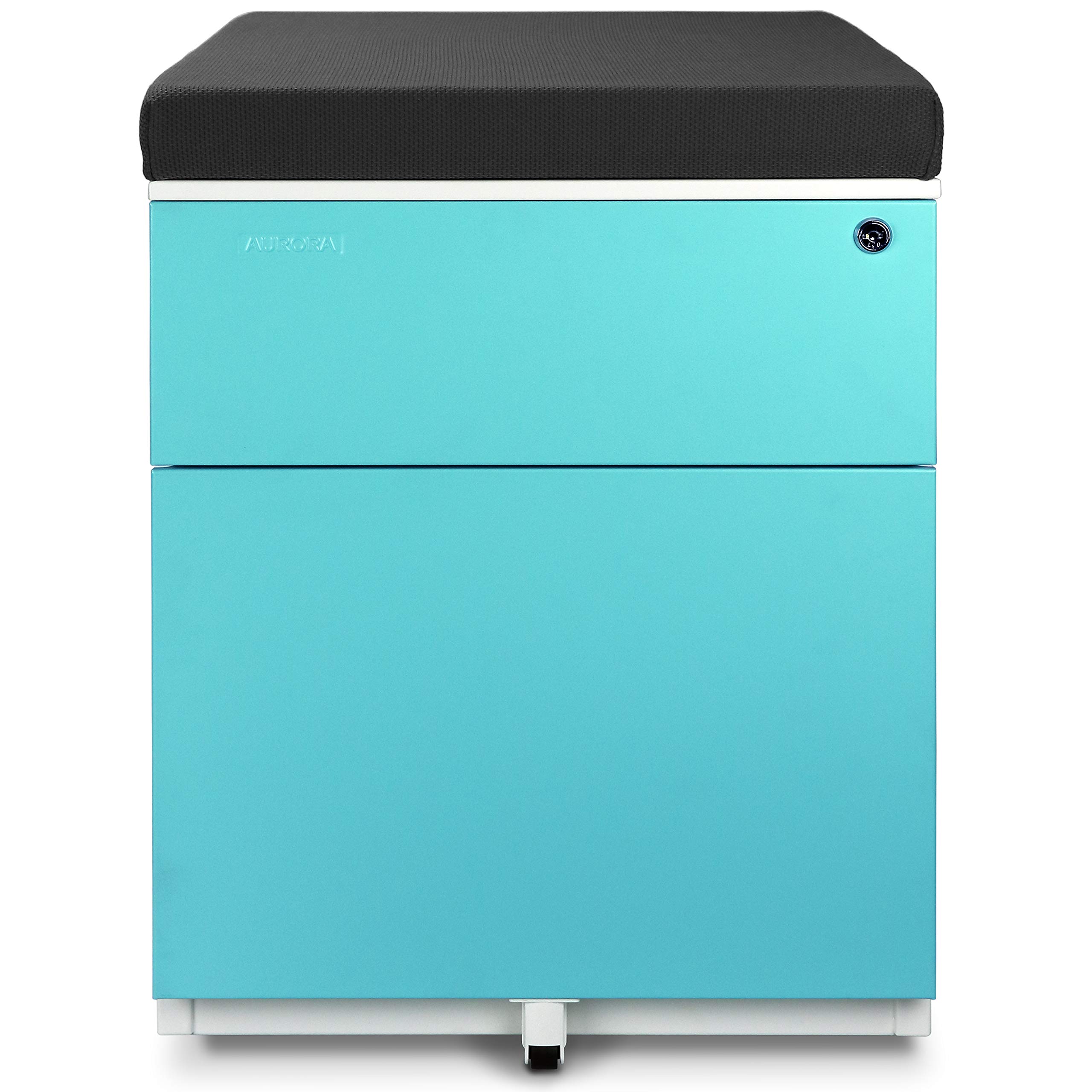 Aurora Mobile File Cabinet 2-Drawer Metal with Comfort Seat Cushion, Lock Key Sliding Drawer, Fully Assembled, Ready to Use, White/Aqua Blue