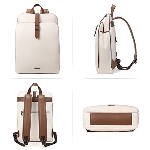 CLUCI Genuine Leather 15.6 Inch Laptop Backpack Purse for Women Large Travel Vintage Shoulder Bags Beige with Brown