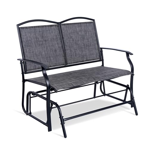 Backyard Expressions 2-Person Outdoor Glider Bench, Patio Double Swing Rocking Chair Loveseat w/Powder Coated Steel Frame for Backyard Garden Porch, Black Frame - Heathered Grey Sling Fabric