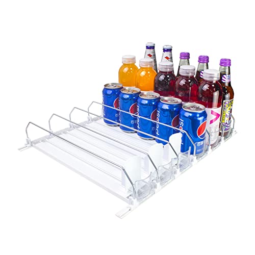 CNDSE Drink Organizer for Fridge,Spring Loaded Soda Can Organizer,Width-adjustable Push Rod Slide Rail Drink Dispenser for Fridge,White（14.96in-6）