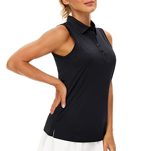Casei Women's Sleeveless Golf Polo Shirts UPF 50+ Quick Dry Collared Polo Shirts Athletic Tank Tops Shirts (Black,M)