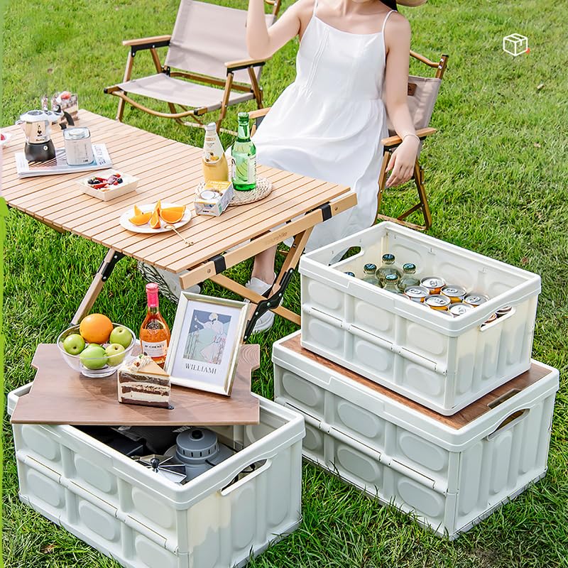 LYZOLICS Collapsible Storage Bin with Wooden Lid, Foldable&Stackable Storage Crate for Outdoor Car, Toys, Camping, Picnic, Indoor Home Room (30L-2pcs)