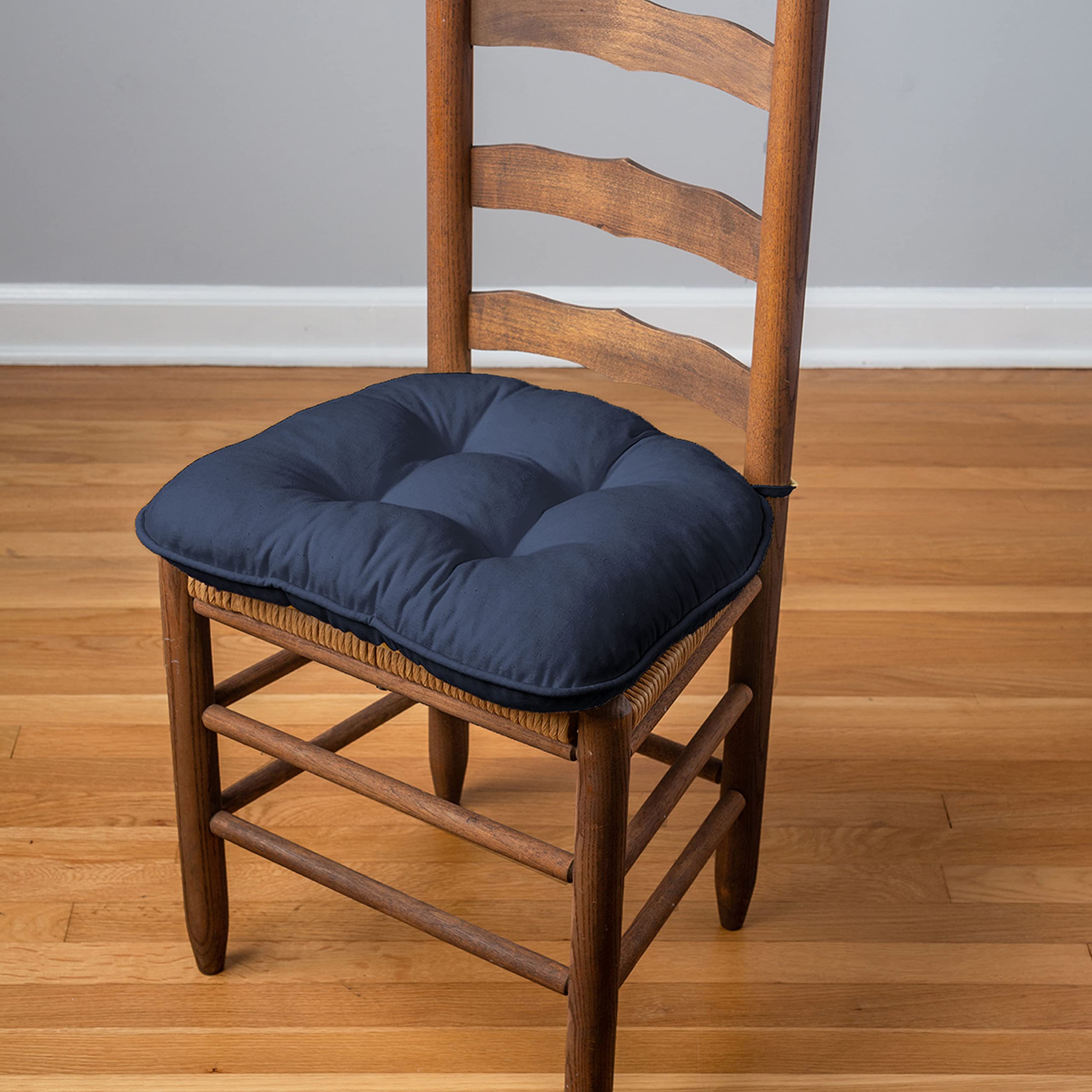 Barnett Home Decor Welted Dining Chair Pad with Ties - Solid Color Cotton Duck - Extra Thick - Reversible, Latex Fill, Tufted Cushion (Navy Blue)