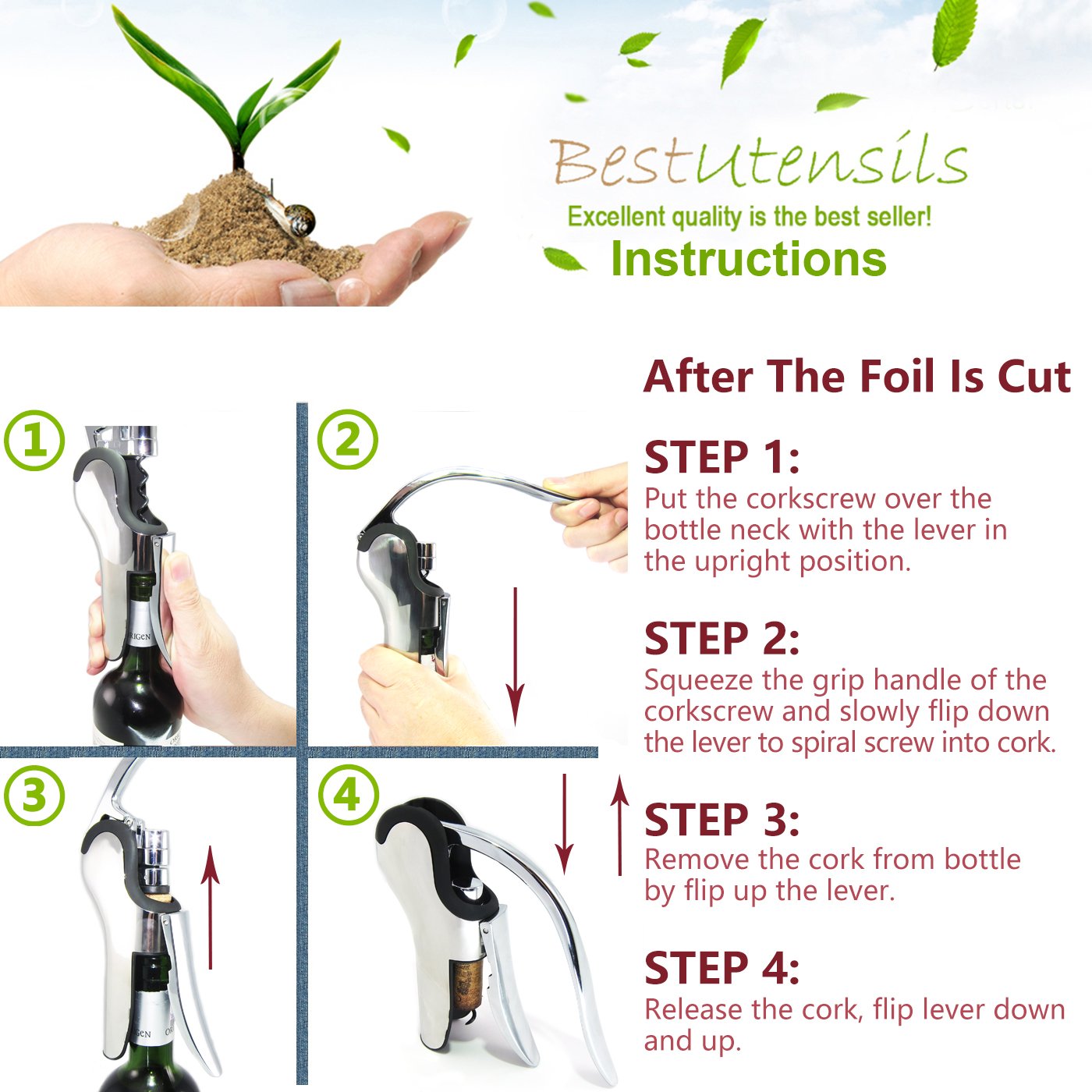 Best Utensils Professional Compact Wine Opener Connoisseur's Corkscrew Gift Set, Professional Stainless Steel Wine Opener With Built-In Foil Cutter, Bonus Screw