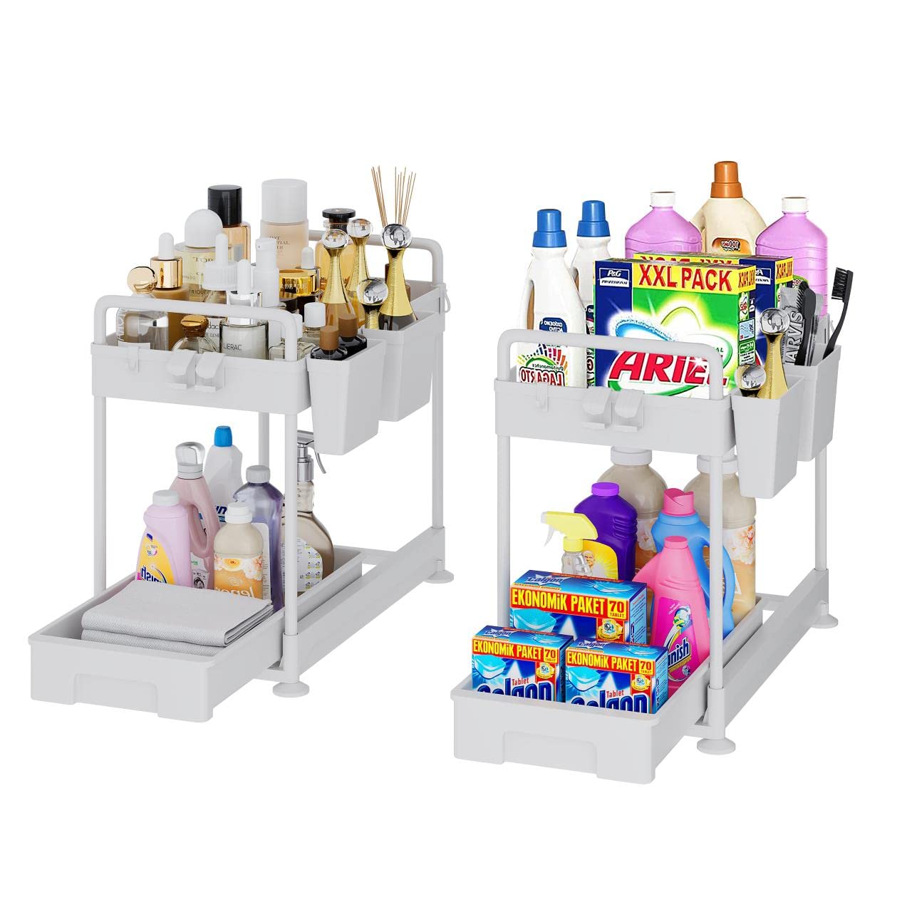 BAYANKHAR Under Sink Organizers and Storage, Multi-purpose Bathroom Organizer Under Sink, 2 Tier Under Kitchen Sink Organizer Sliding Cabinet organizer Basket with Hooks,Hanging Cup,white,2 Pack