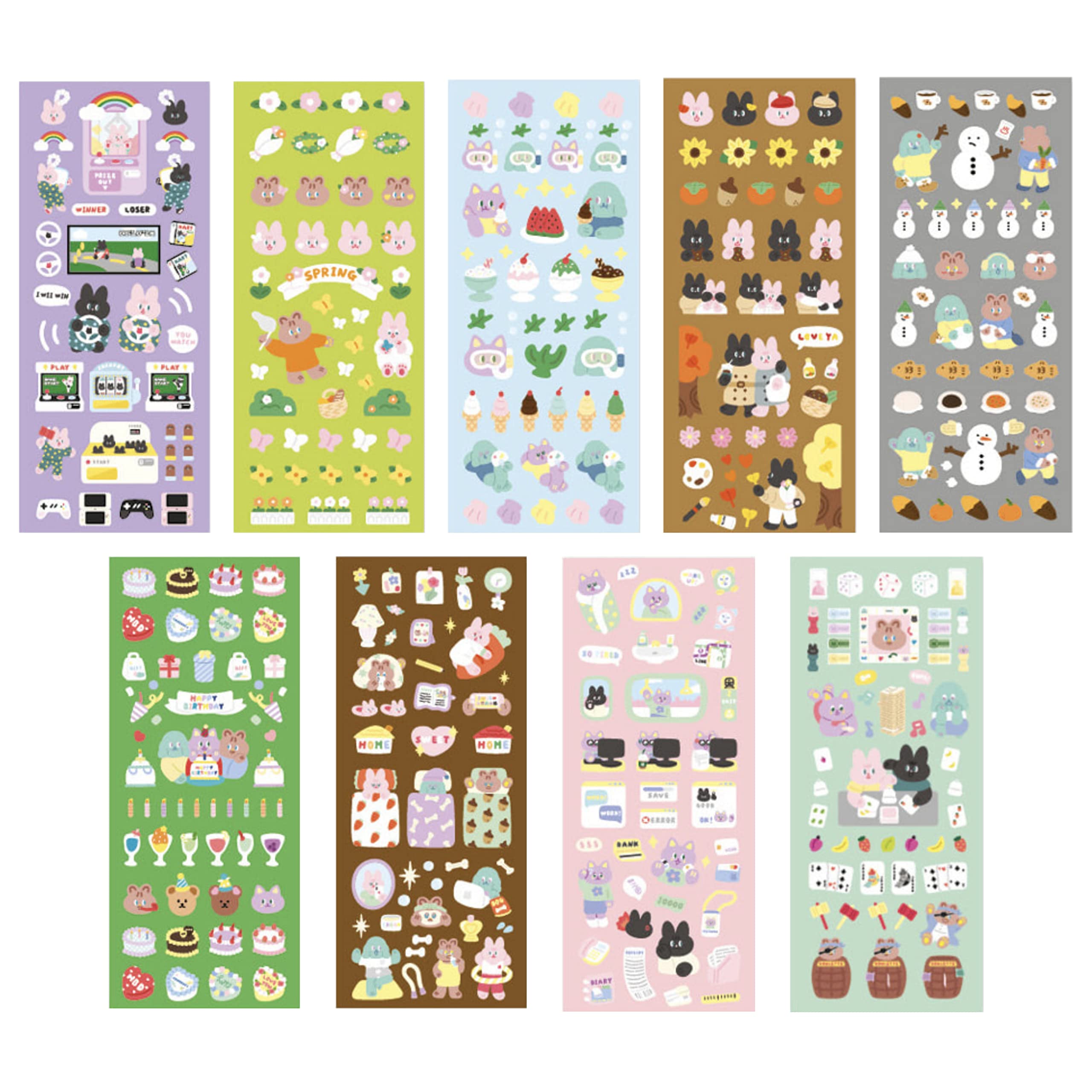 Cute Essential Kawaii Aesthetic Stationery Sticker Pack 9 Sheets (160+ Stickers) - for Planners, journals, scrapbooks, Gifts, Kpop photocards, polocos, Bear, Birth Month Flower, Birthday (Seasons)