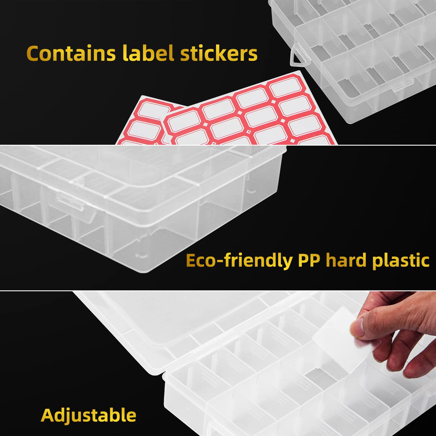 CAZCAL 24 Grids Clear Plastic Organizer Box with Adjustable Dividers for Beads Organizer Earrings Necklaces Art DIY Crafts Jewelry Fishing Tackles craft storage with 1 Sheet Label Stickers