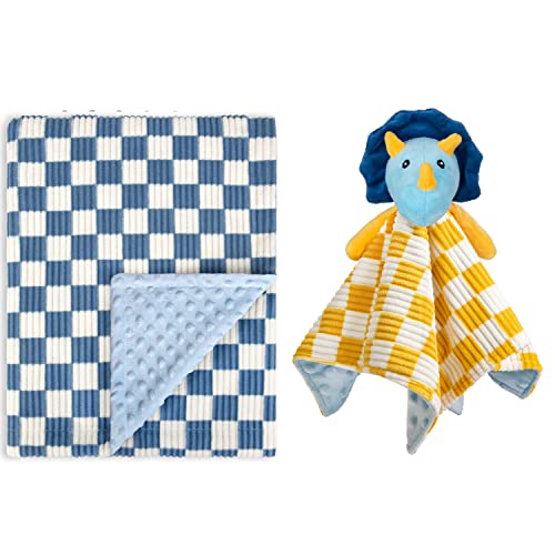 BEILIMU Baby Blanket+Dinosaur Security Blanket for Boys Girls 3D Checkerboard Grid Ultra- Soft Cozy Corduroy Toddler Blanket for Kids