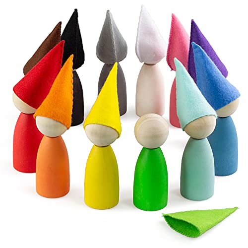 Ulanik Large Peg Dolls with Hats Toddler Montessori Toys for 3 Year Old + Kids Wooden Waldorf Dolls for Learning Color Sorting and Counting — 12 Gnomes, 3.35 in