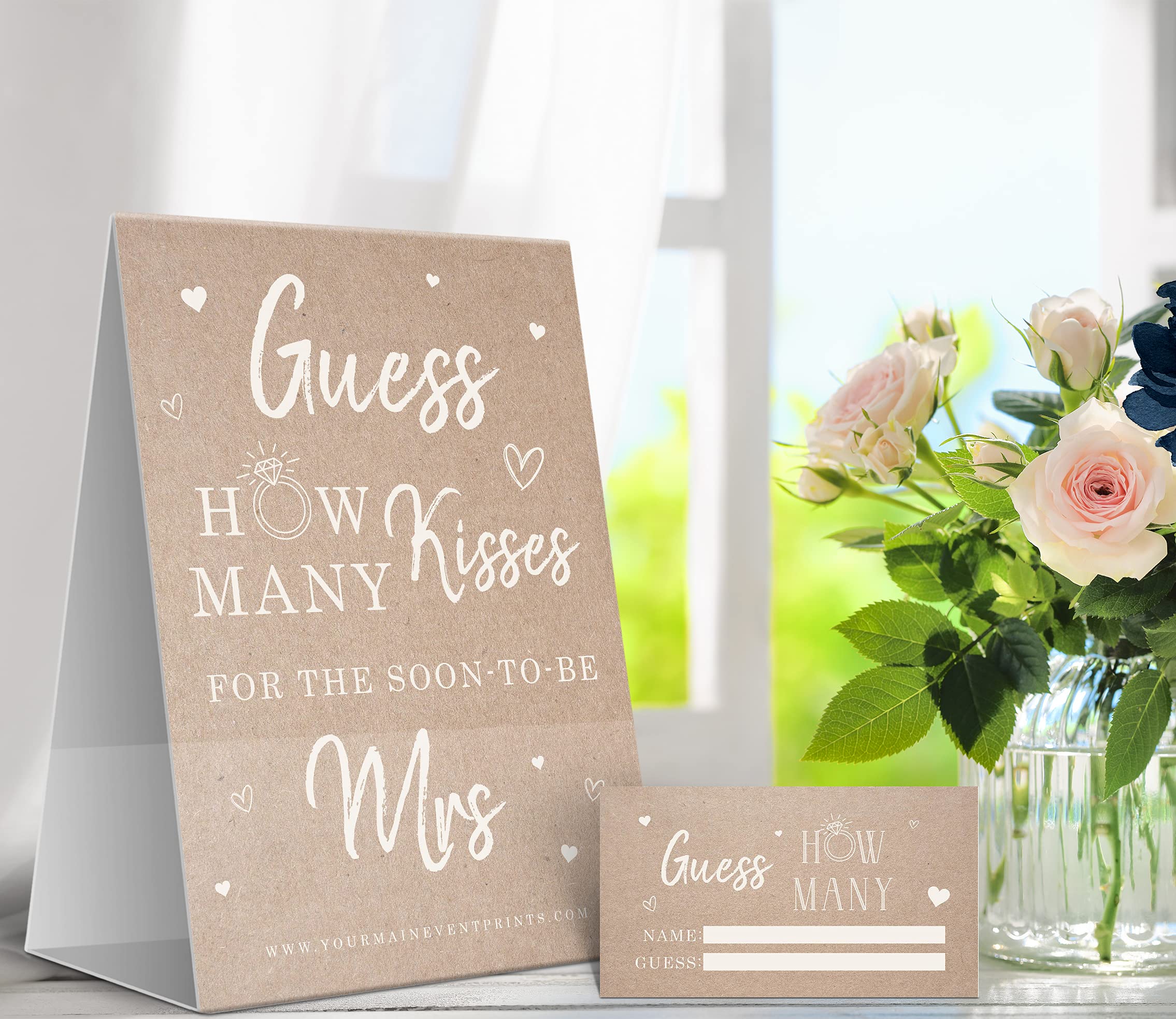 Your Main Event Prints Bridal Shower Games – Kraft Minimalist Style (How Many Kisses Game), Includes 1 5x7 Stand and 50 Guessing Cards