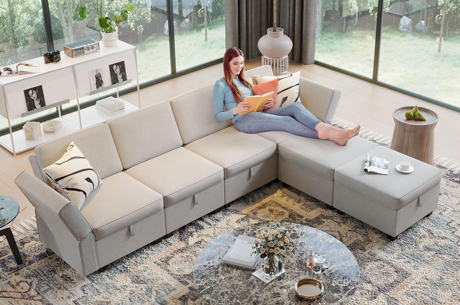VOWNER Convertible Modular Sectional Sofa Sleeper Couch U Shaped Modular Sofa with Storage Seat, 6 Seat Sectionals Couch Grey