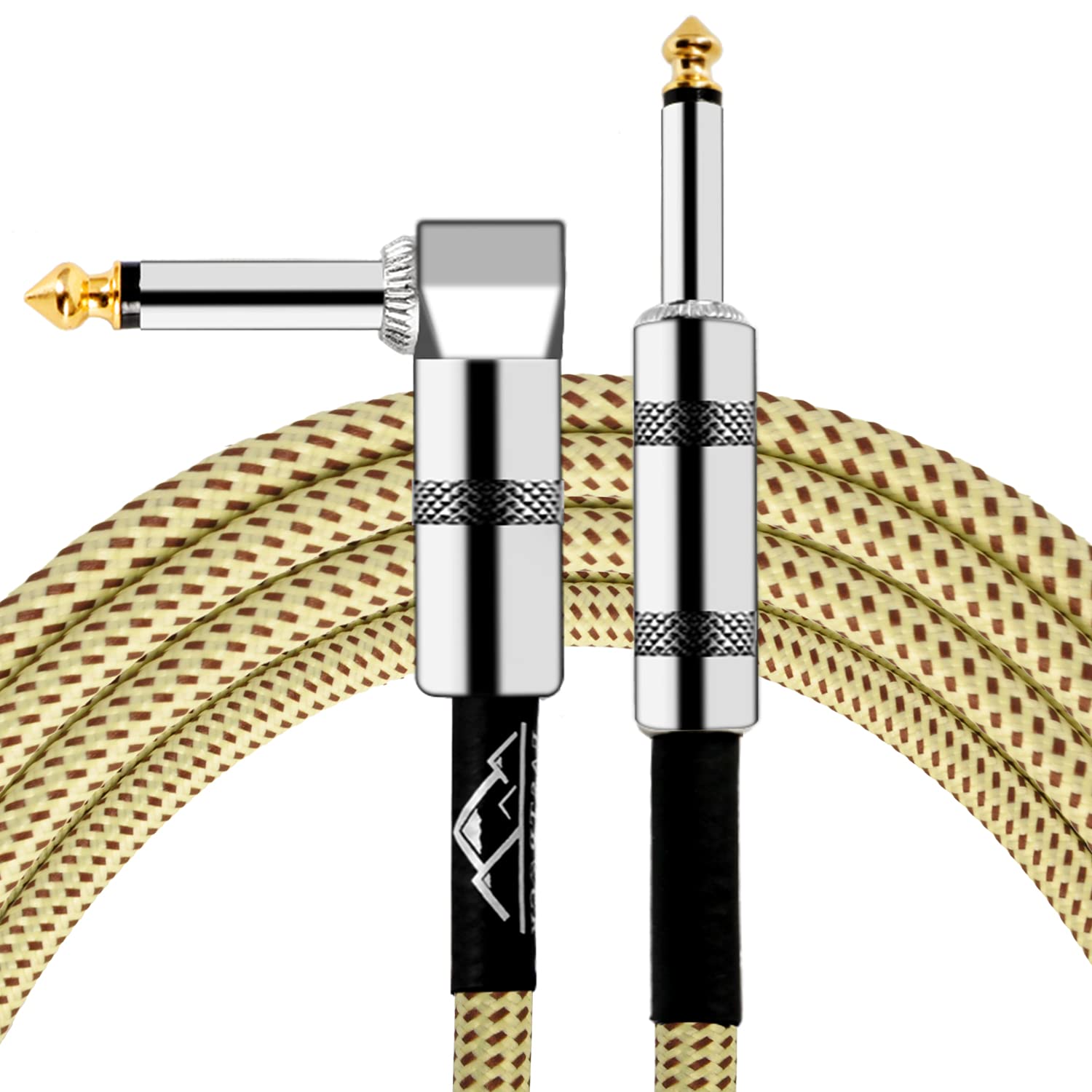 EASTROCK 1/4 inch Guitar Instrument Cable 10/20 Foot Right Angle to Straight Tweed Cloth Jacket Guitar Cable Input for Electric Guitar, Bass, Amp, Keyboard, Mandolin, Mixing Desks (20 Foot Yellow)
