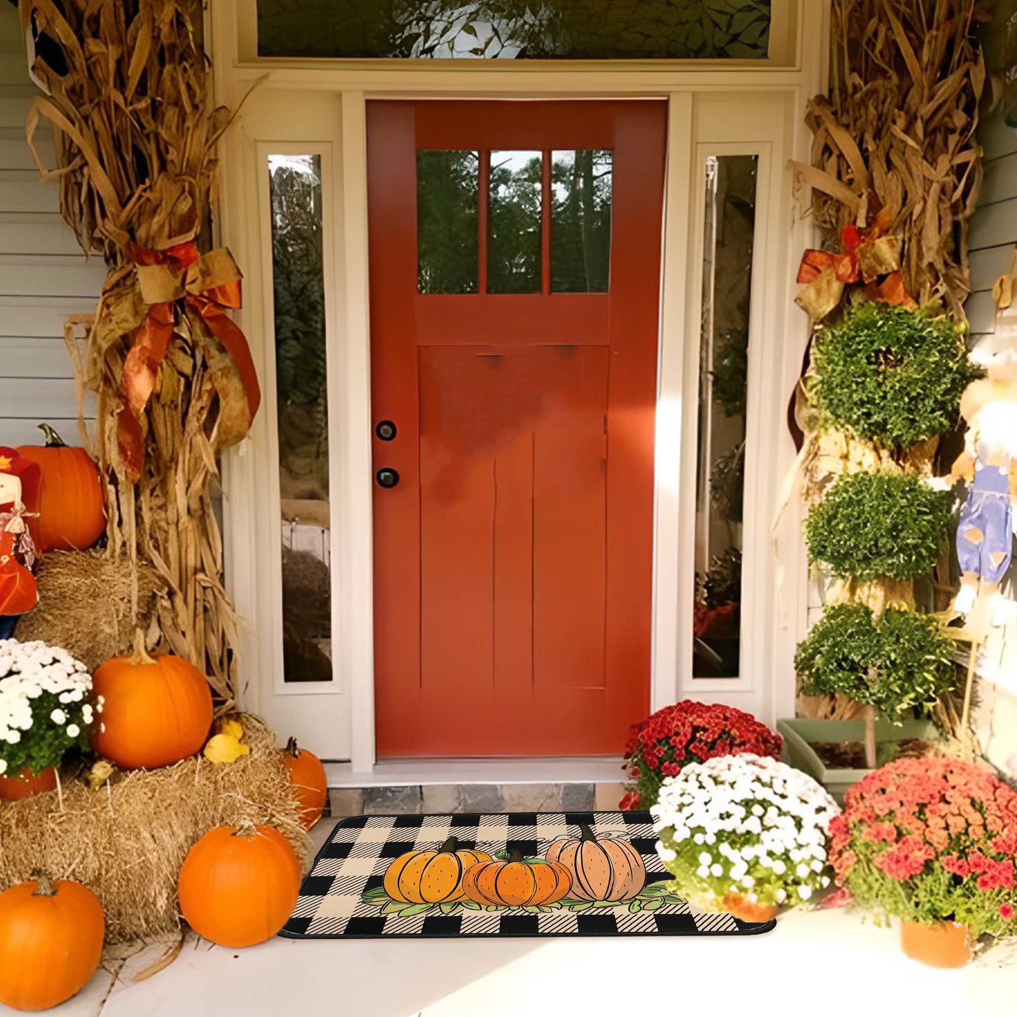 Buffalo Plaid Pumpkin Fall Decorative Kitchen Rugs Set of 2,Non Skid Washable, Home Seasonal Fall Holiday Party Autumn Harvest Thanksgiving Kitchen Mat 17"x47"+17"x30"