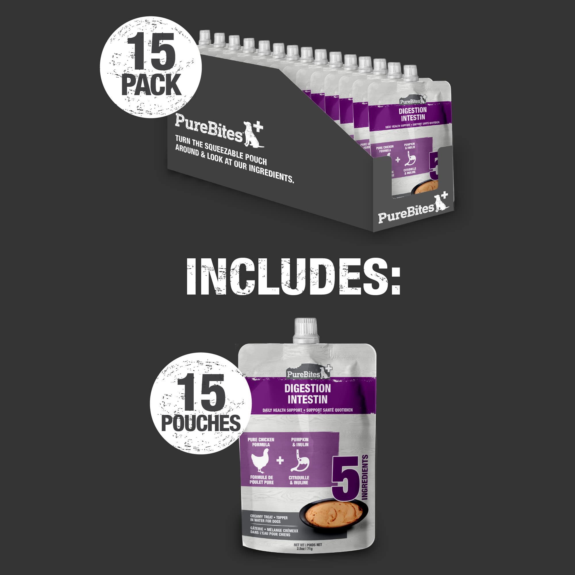 PureBites+ Gut & Digestion Squeezables for Dogs, only 5 Ingredients, case of 15