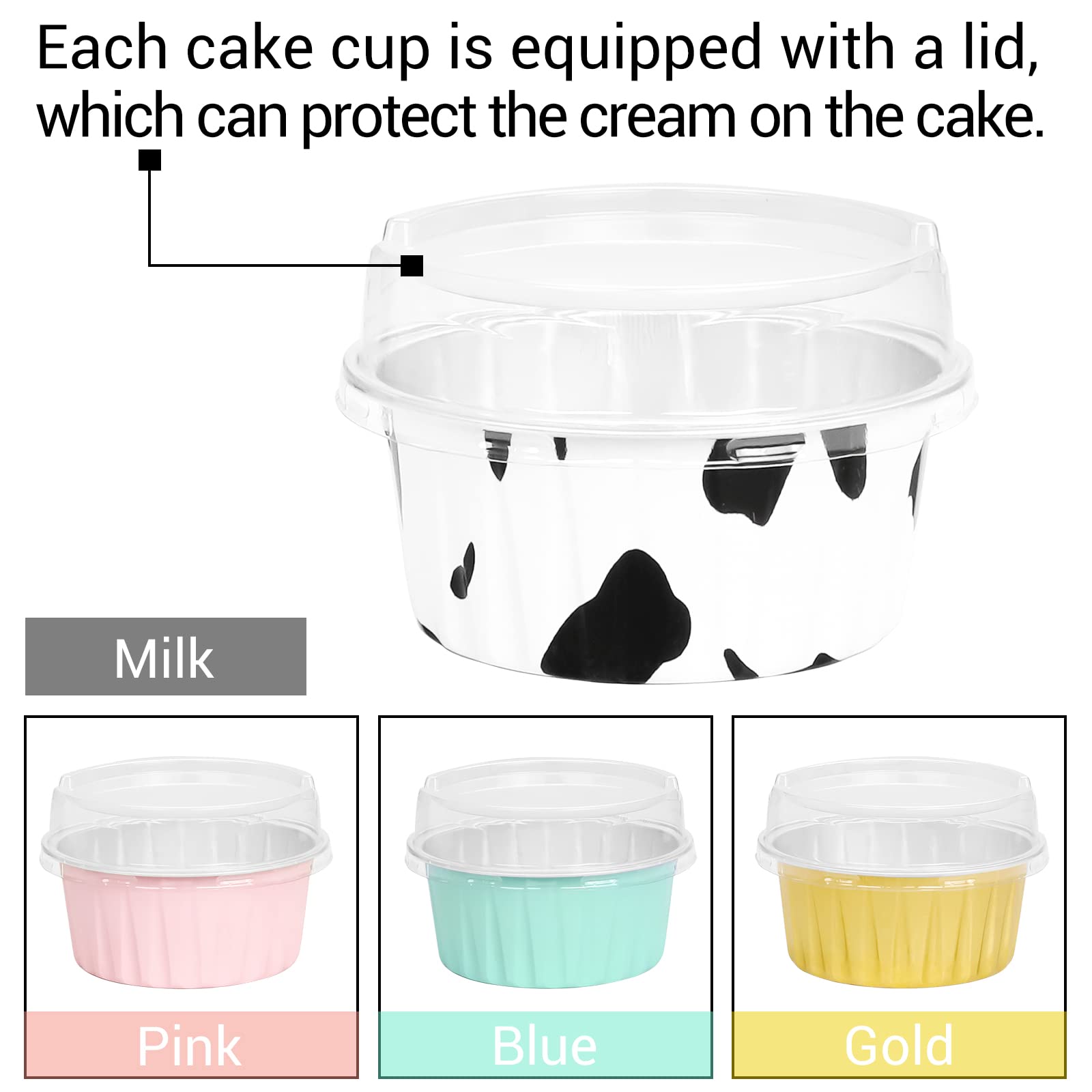 AOSYCO Dessert Cups, 100pcs 4 Colors Mixed Cupcake Containers, 5oz 125ml Disposable Aluminum Foil Pans Ramekins, Baking Cups, Muffin Liners with Lids