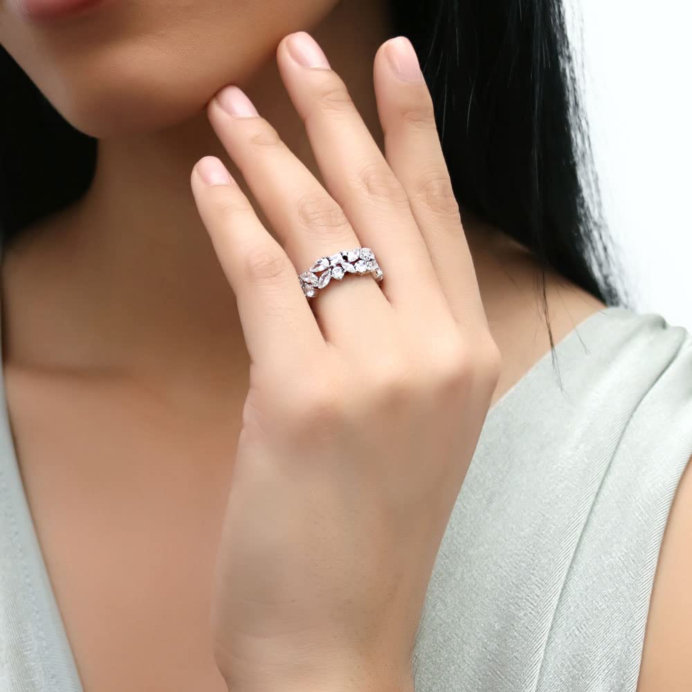 BERRICLE Sterling Silver Cluster Pear Cut Cubic Zirconia CZ Statement Fashion Anniversary Eternity Ring for Women, Rhodium Plated Size 9