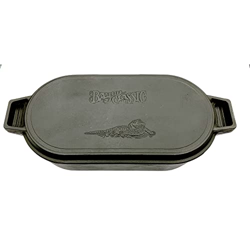 Bayou Classic 7477 6-qt Cast Iron Oval Fryer w/ Griddle Lid Perfect For Large Batch Frying Cooking Whole Chickens Pot Roasts & Reverse Griddle Lid Perfect For Large Batch Breakfast Burgers