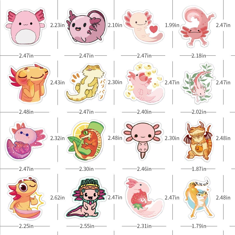 Cute Reptiles Stickers, 52Pcs Vinyl Waterproof Axolotl Stickers, Gifts for Kids, Women,Teens Classmate Colleagues,Adults