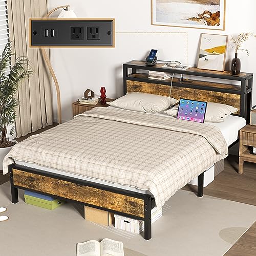 HUEOFGP Queen Bed Frame with 2-Tier Storage Headboard, Metal Platform Bed Frame with Charging Station, Sturdy Heavy Duty Steel, Easy Assembly, No Box Spring Needed