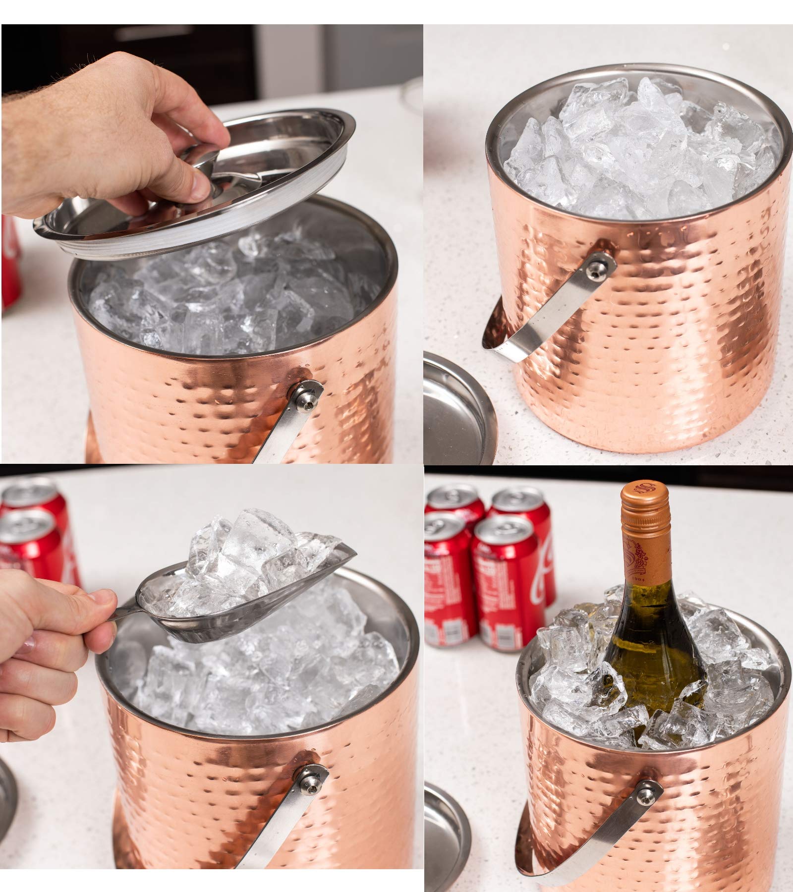 BirdRock Home Ice Bucket with Scoop & Lid - 2.8 Liter Hammered 18/8 Stainless Steel Container for Bar - Double Wall Insulated Bucket with Carrying Handle - Great for Parties - (Copper)