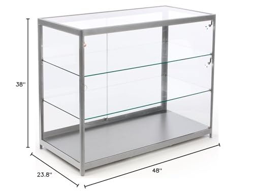 Displays2go Retail Display Counter with Lighting, Locking, Tempered Glass Shelves, Aluminum Frame – Clear, Silver (JBQCT48LED)