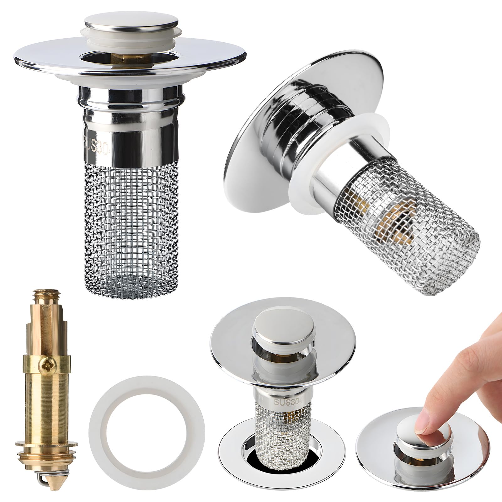 Anytin 2pcs Bathroom Sink Drain Strainer Pop Up Sink Drain Stopper with Removable Stainless Steel Filter Basket, for US Universal Bathroom Kitchen Basin Sink Stopper Bathroom Sink Stopper