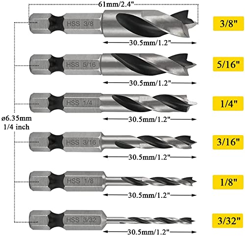 Bestgle 6 Pcs Brad Point Drill Bits(3/8", 5/16", 1/4", 3/16", 1/8", 3/32"), 1/4 Inch Hex Shank HSS Spiral Twist Wood Drill Bit Set for Soft, Hard, Veneered, Laminated Wood MDF Acrylic Woodworking Tool