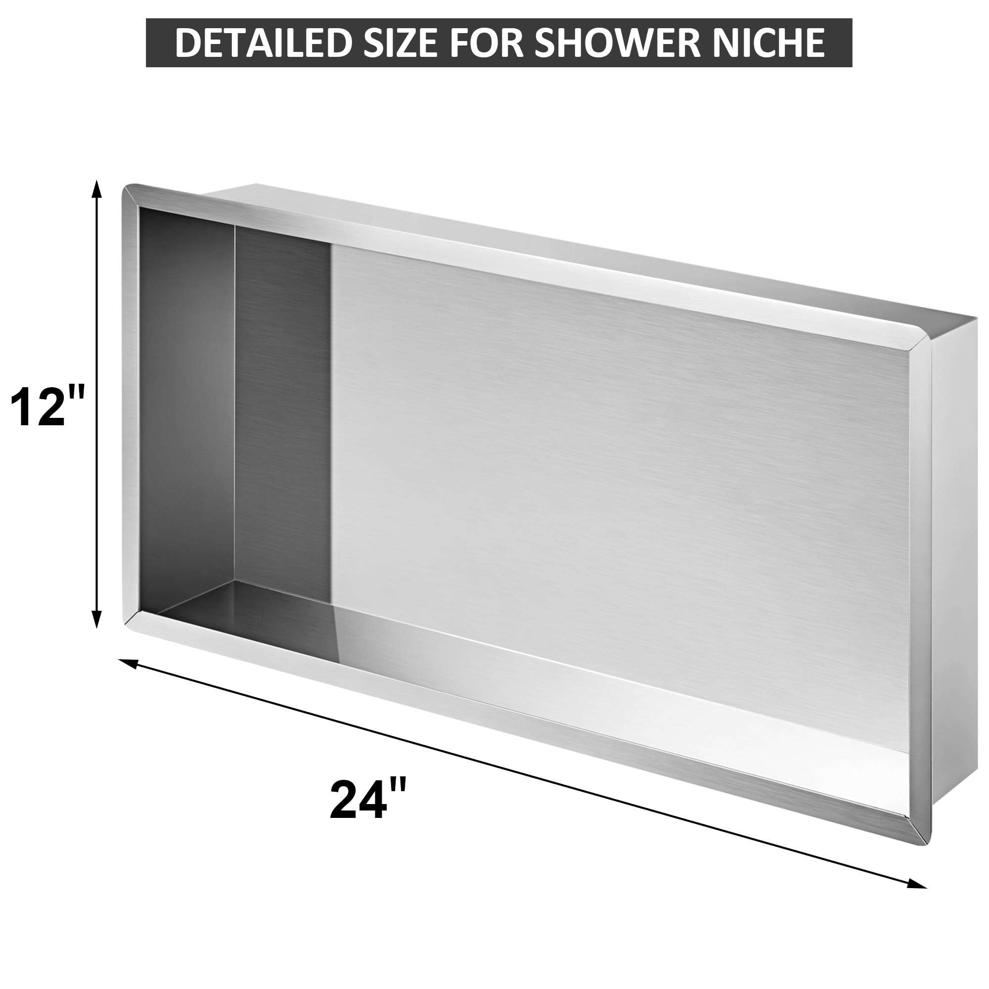 Besino Stainless Steel Shower Niche,24 X 12 Inch, Silver, Shower Niche for Bathroom Storage, No Tile Needed Recessed Shower Shelf
