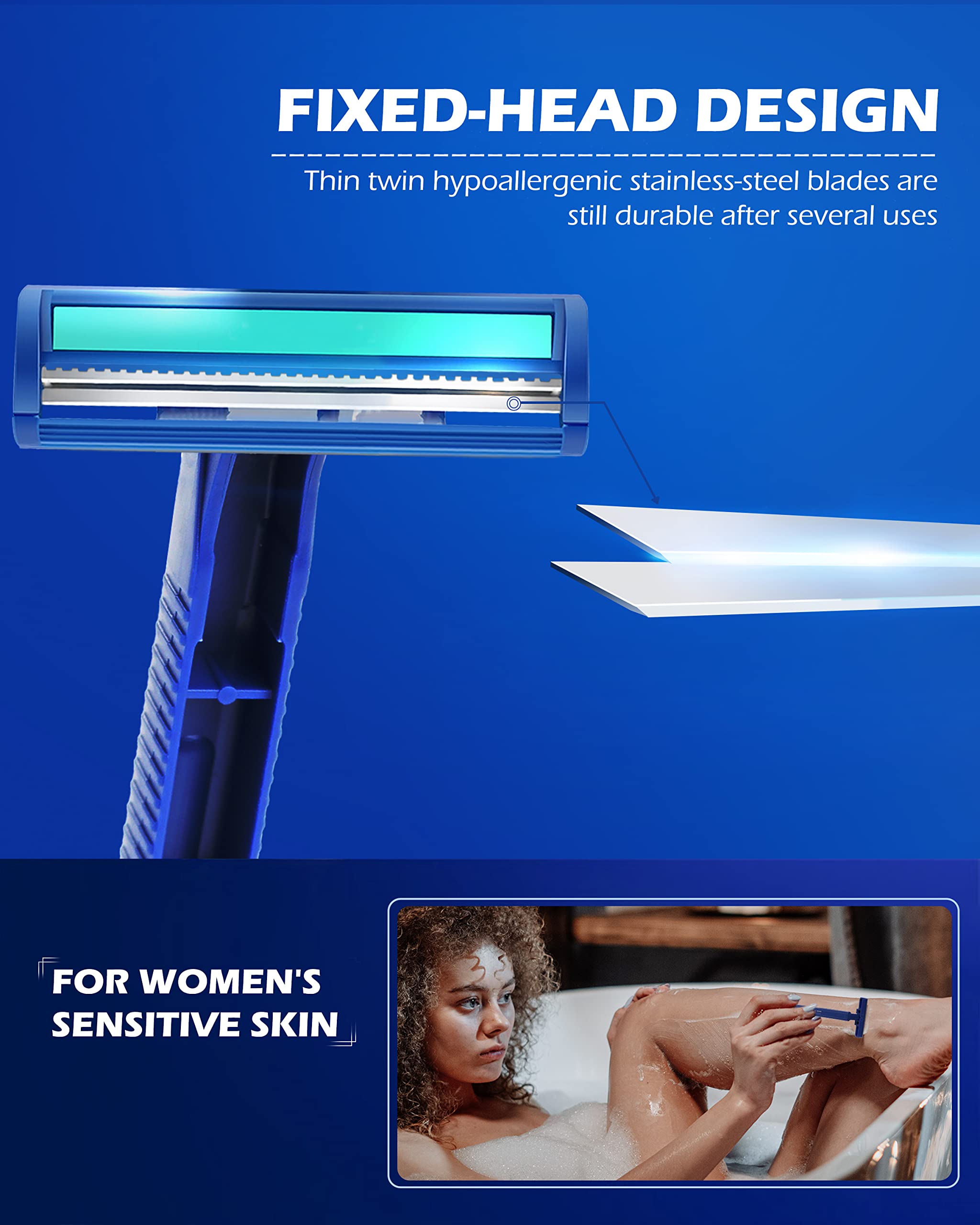 Disposable Razors for Men, 50 Count Men Razora for Shaving with Lubricating Strips, Twin Hypoallergenic Stainless-Steel Travel Razor for Men Sensitive Skin Blue