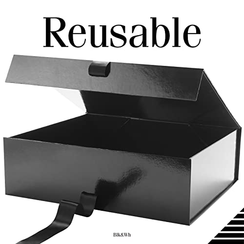 BLK&WH Extra Large Gift Box with Ribbon 16.3x14.2x5 Inches, Large Black Gift Box with Lid for Presents, Groomsman Proposal Box, Big Gift Box for Clothes and Large Gifts(Glossy Black)