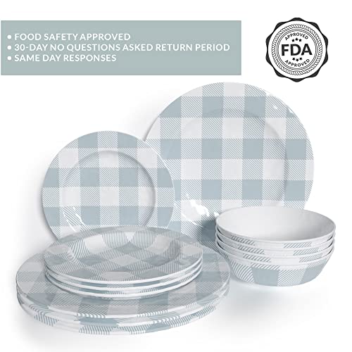 Barnyard Designs 12-piece Melamine Dinnerware Set, Durable Chip-Resistant Dishware for Indoor/Outdoor Use, Service for 4, Light Blue Buffalo Plaid, (Dinner Plate: 11β, Salad Plate: 8.5β, Bowl: 7β)