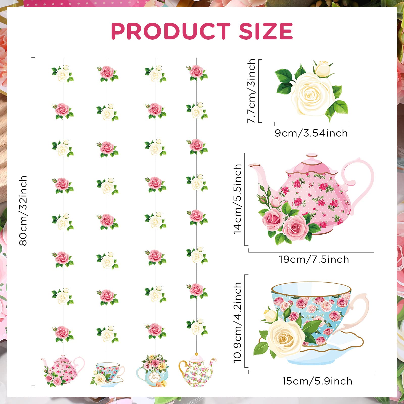 Tea Party Decorations Floral Tea Party Double Sided Hanging Garland Decorations Favors for Baby Shower Gender Reveal Birthday Bridal Wedding Girls Tea Party Birthday Decorations 32" 8 Pack