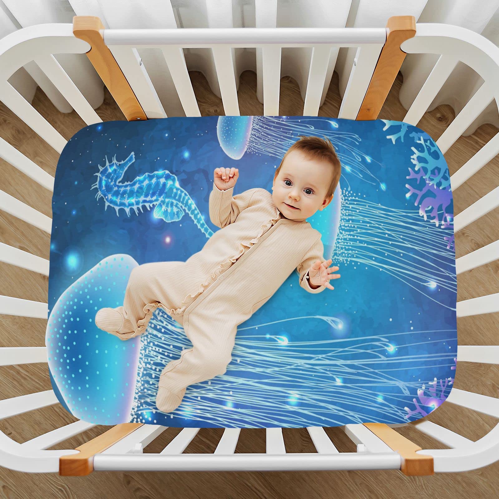 Blueangle Fitted Crib Sheet Glowing Jellyfish Baby Sheets for Standard Crib Toddler Mattress Cover, Soft Microfiber Breathable Mattress Cover for Boys and Girls（177）