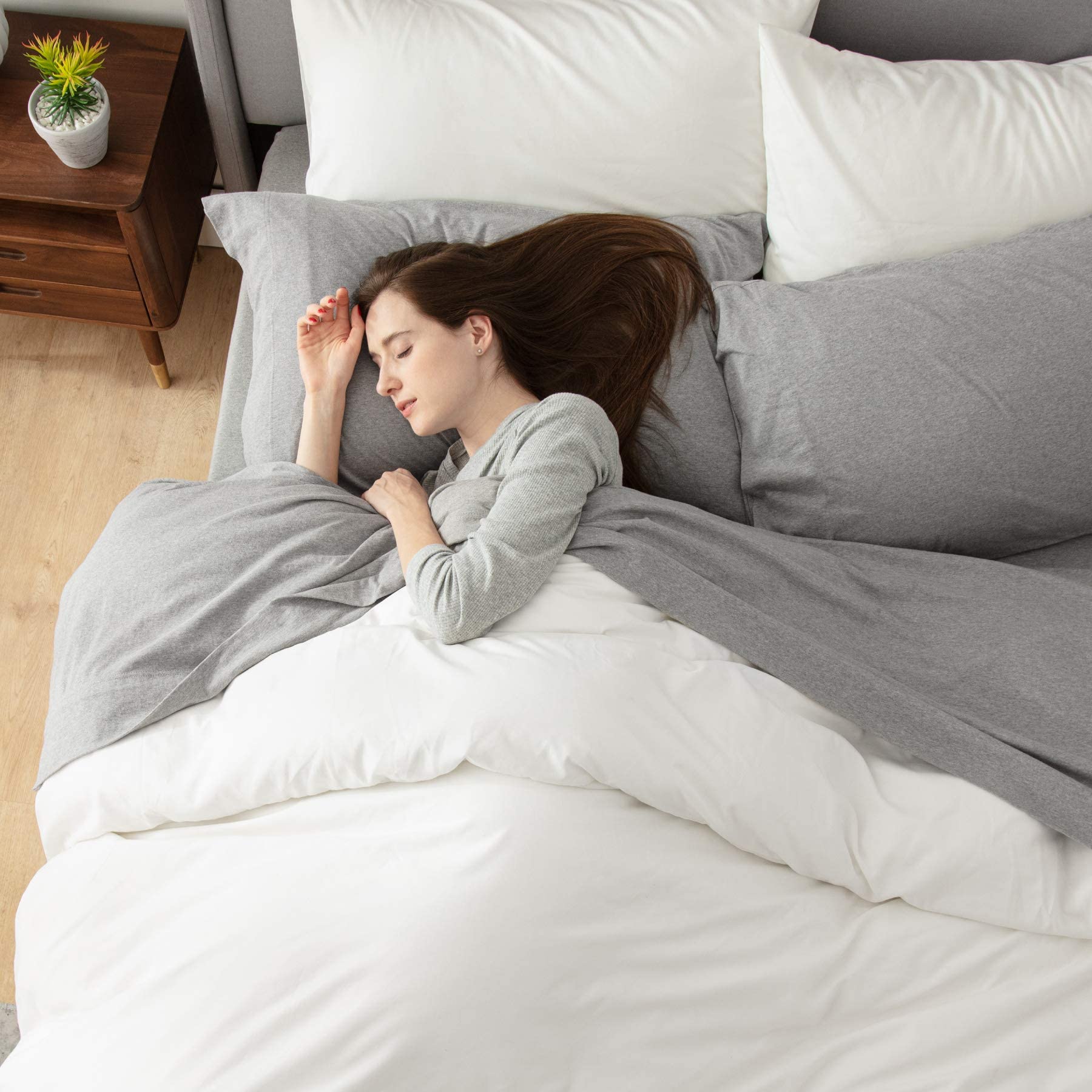 Bedsure Jersey Knit Sheets Queen Set - 100% Cotton T Shirt Bed Sheets for Queen Size Bed, Light Grey, 4 PC Cotton Stretchy Sheets