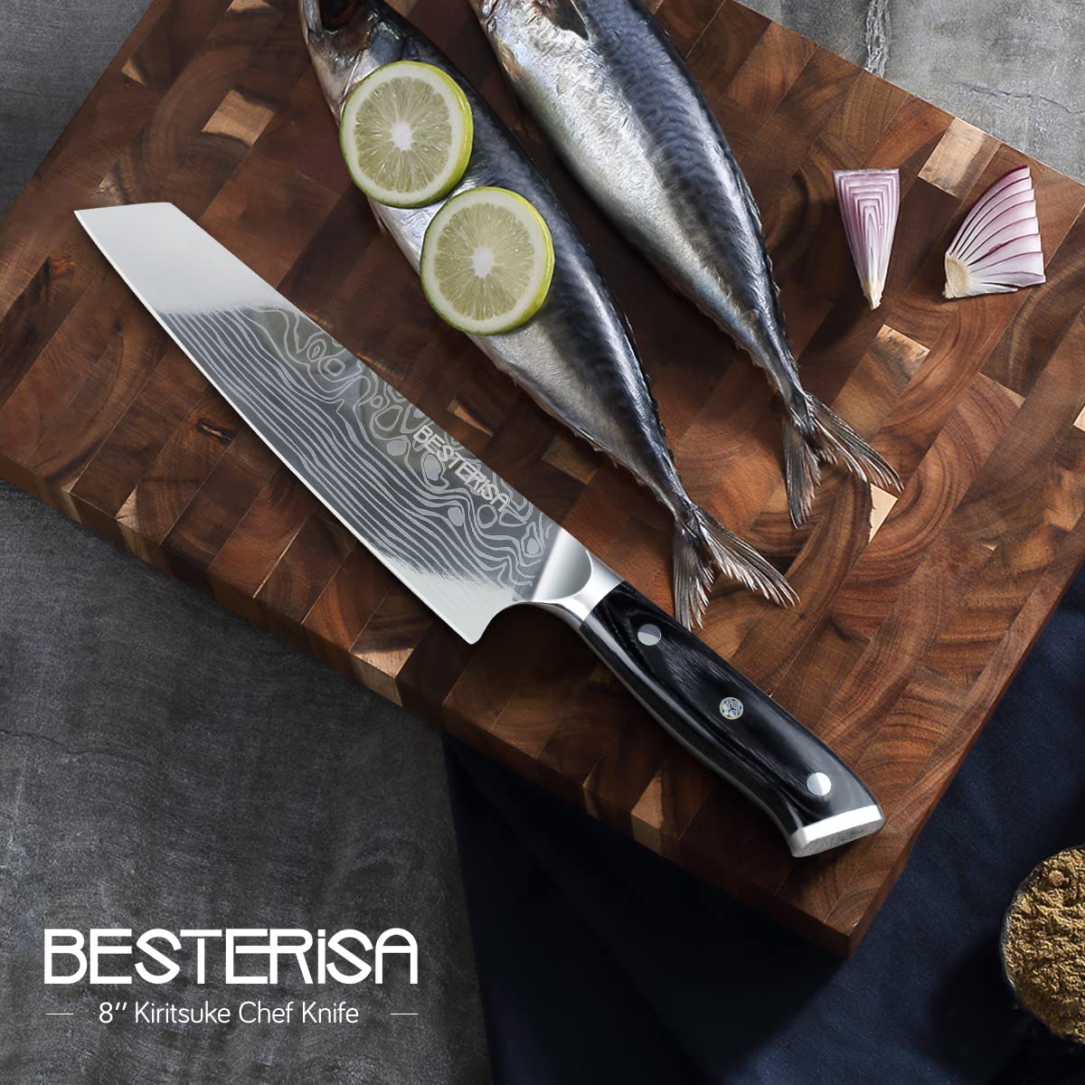 BESTERiSA Kiritsuke Chef Knife ,8 Inch Professional Chef Knife German Stainless Steel EN1.4116 Ultra Sharp Vegetable Meat Cleaver Knife with Knife Guard