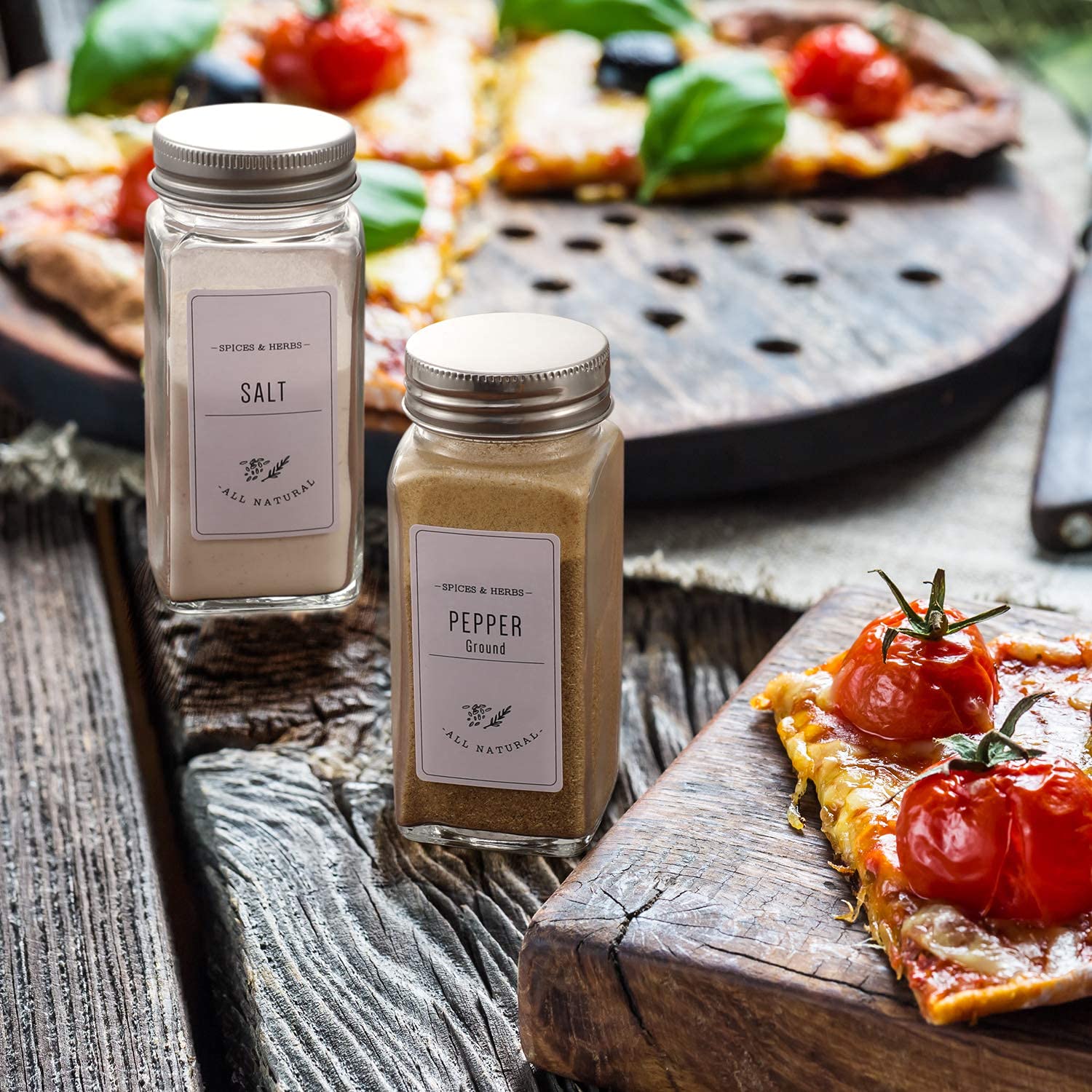 AOZITA 36 Pcs Glass Spice Jars with White Printed Spice Labels - 4oz Empty Square Spice Bottles - Shaker Lids and Airtight Metal Caps - Silicone Collapsible Funnel