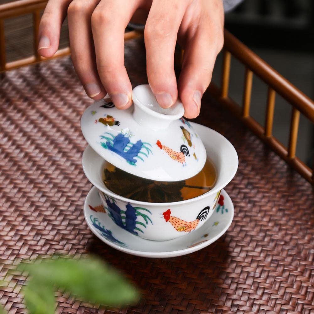 Bicuzat Funny Chicken Rooster Pattern Gaiwan Tea Cup, Kung Fu Teacups, 5 oz Cup and Saucer Set with Lid