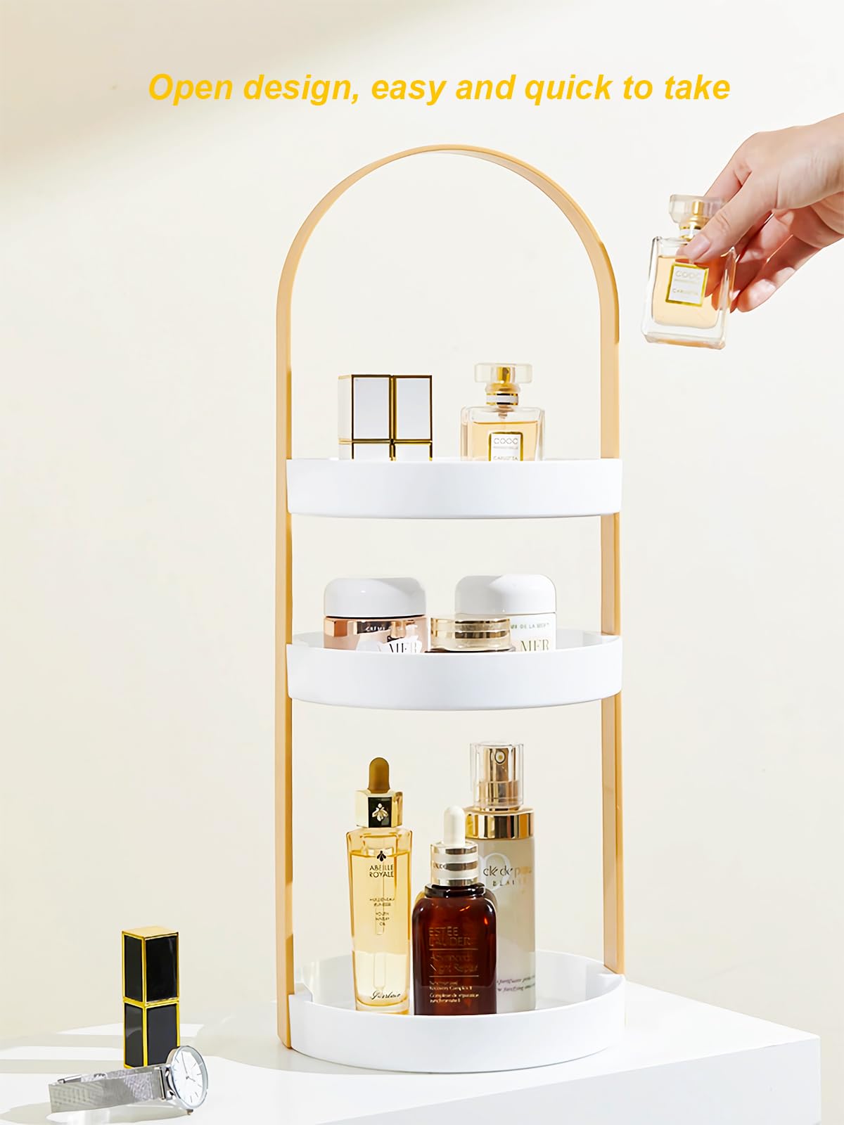 COCSKERQL 3-Tier Bathroom Counter Organizer,Makeup Shelf Organizer, Bathroom Countertop Perfume Tray and Vanity Organizer for Corner Storage (yellow)