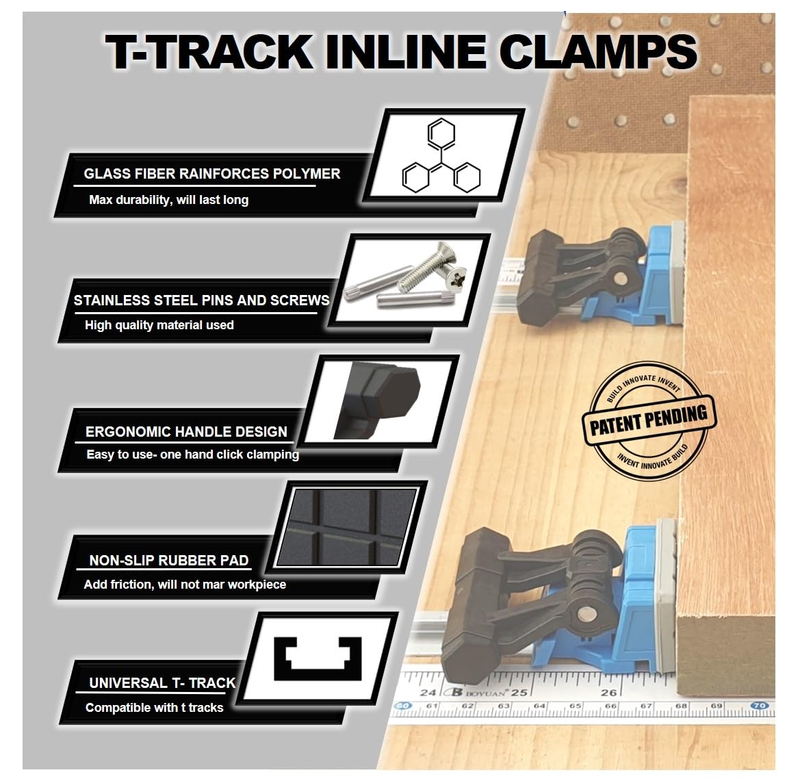 T-Track Clamps for woodworking, T Track accessories, for T-Track Profile (3/4’’ * 3/8’’) | Stop Blocks | Inline Auto Adjust Quick Release Woodworking Clamps, for Routers, Drill press, Table saws, 4pc