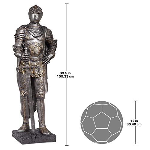 Design Toscano King's Guard Medieval Decor Half Scale Knight Armor Gothic Statue, 39 Inch Tall, Cast Stone Resin, Metallic Finish with Faux Stone Base